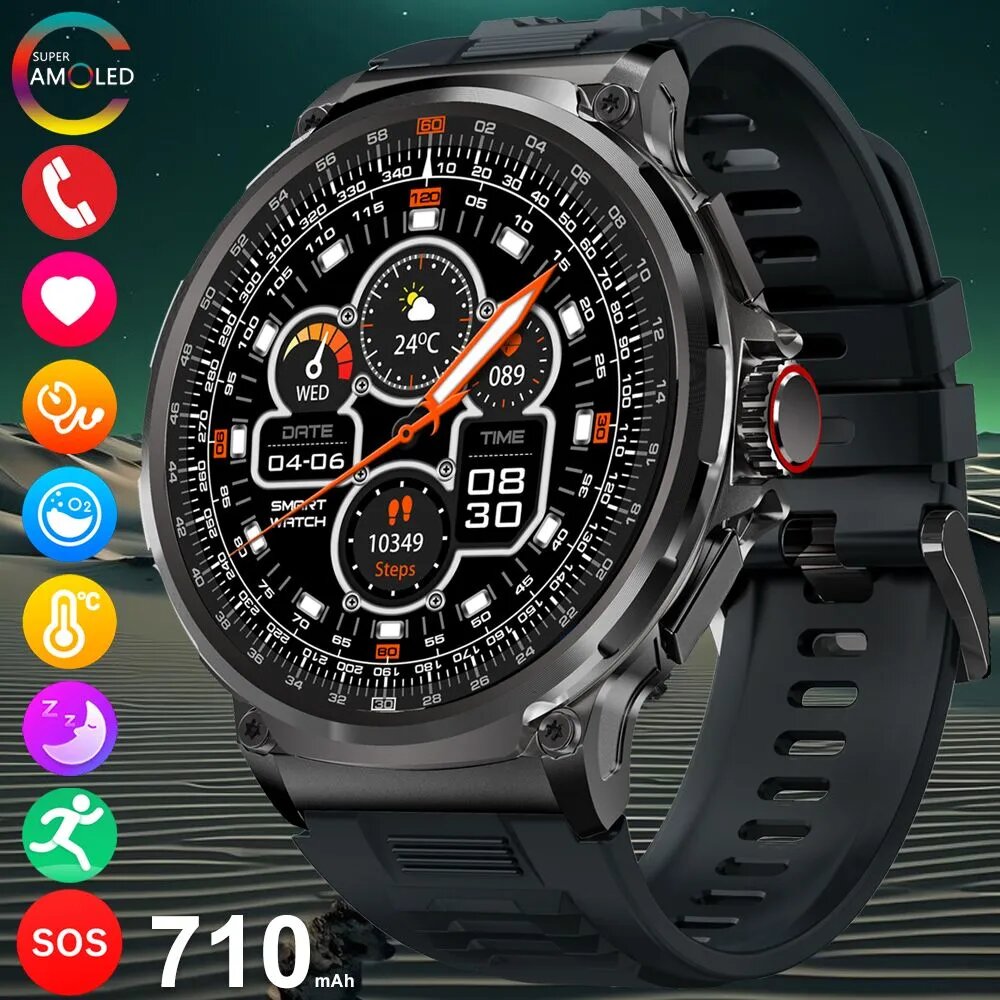 SACOSDING Смарт-часы, 52mm, Черный силикон