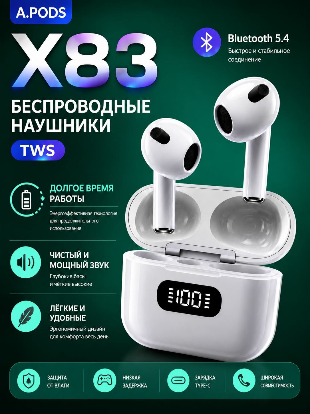 Беспроводные наушники A.PODS X83 с LED-дисплеем, Bluetooth 5.4, белые LED дисплей Bluetooth 5.4 белые