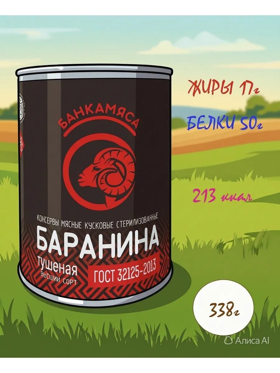 Тушенка БанкаМяса Баранина, высший сорт, ГОСТ, жестяная банка, 338 гр