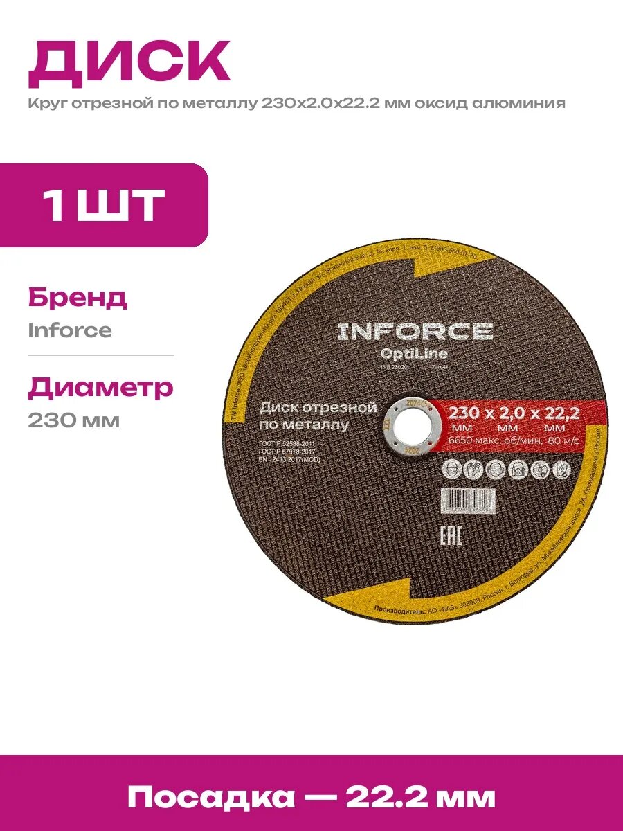 Диск отрезной прямой 230х2.0 мм абразивный по металлу 22.2