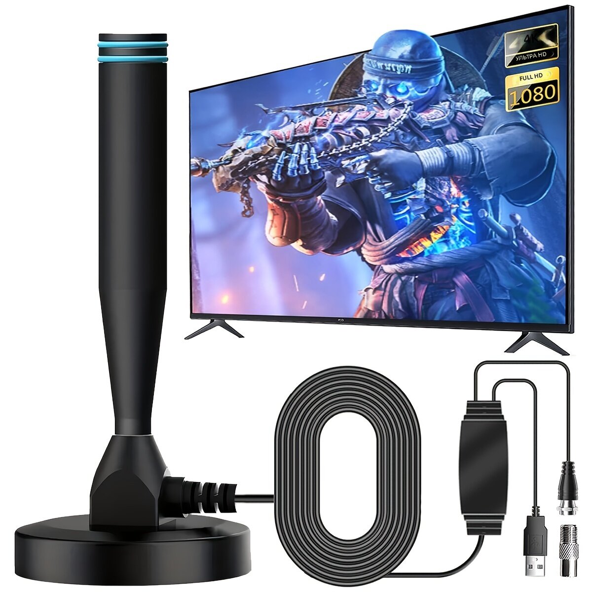 Цифровая HDTV-антенна, 370 миль, поддержка 4K и 1080P, USB-питание, усилитель сигнала для внутреннего и наружного применения, совместимость с DVB-T2/DTMB/ATSC/DAB/FM, компактный чёрный дизайн, прочная конструкция