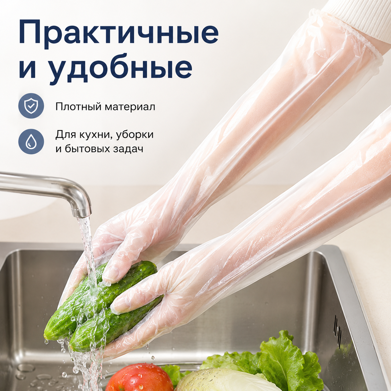 Длинные одноразовые ПЭ перчатки с манжетой, защита рук при уборке, кухонных и бытовых работах, 10 пар