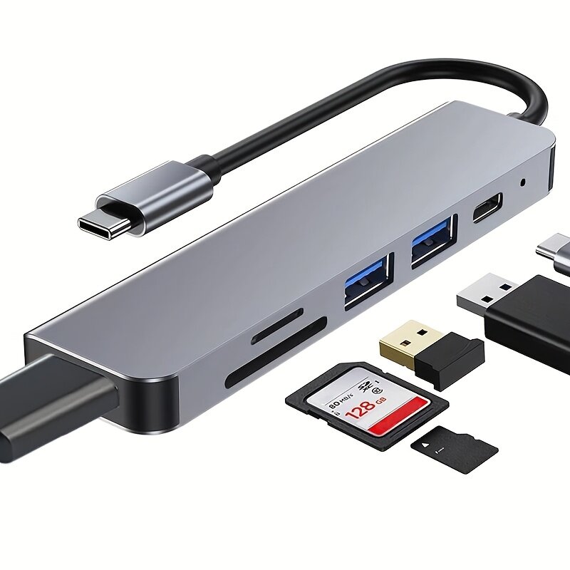 Хаб USB-C 6-в-1, мультипорт адаптер с 4K HDTV, 87W PD, 2 USB 3.0, кардридер SD/TF для MacBook, iPad Pro, Dell, HP и других USB-C устройств
