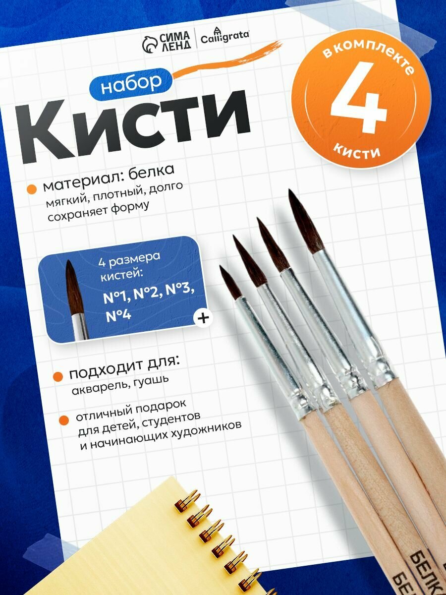 Кисточки для рисования белка 4 штуки (№1, 2, 3, 4) круглые кисти для живописи набор кистей