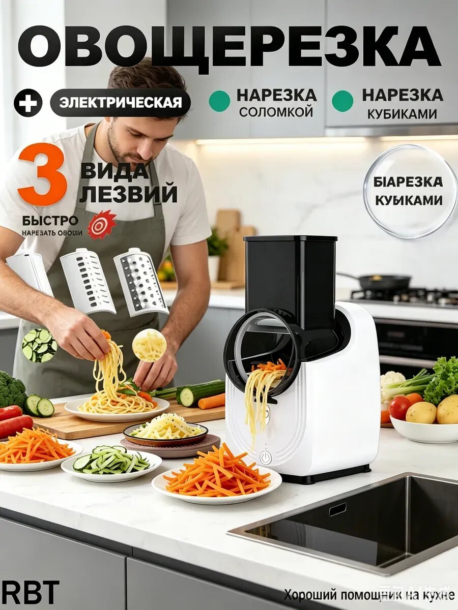 Овощерезка многофункциональная электрическая с насадками,35,20,15,1, false, для овощей, со сменными насадками, белый