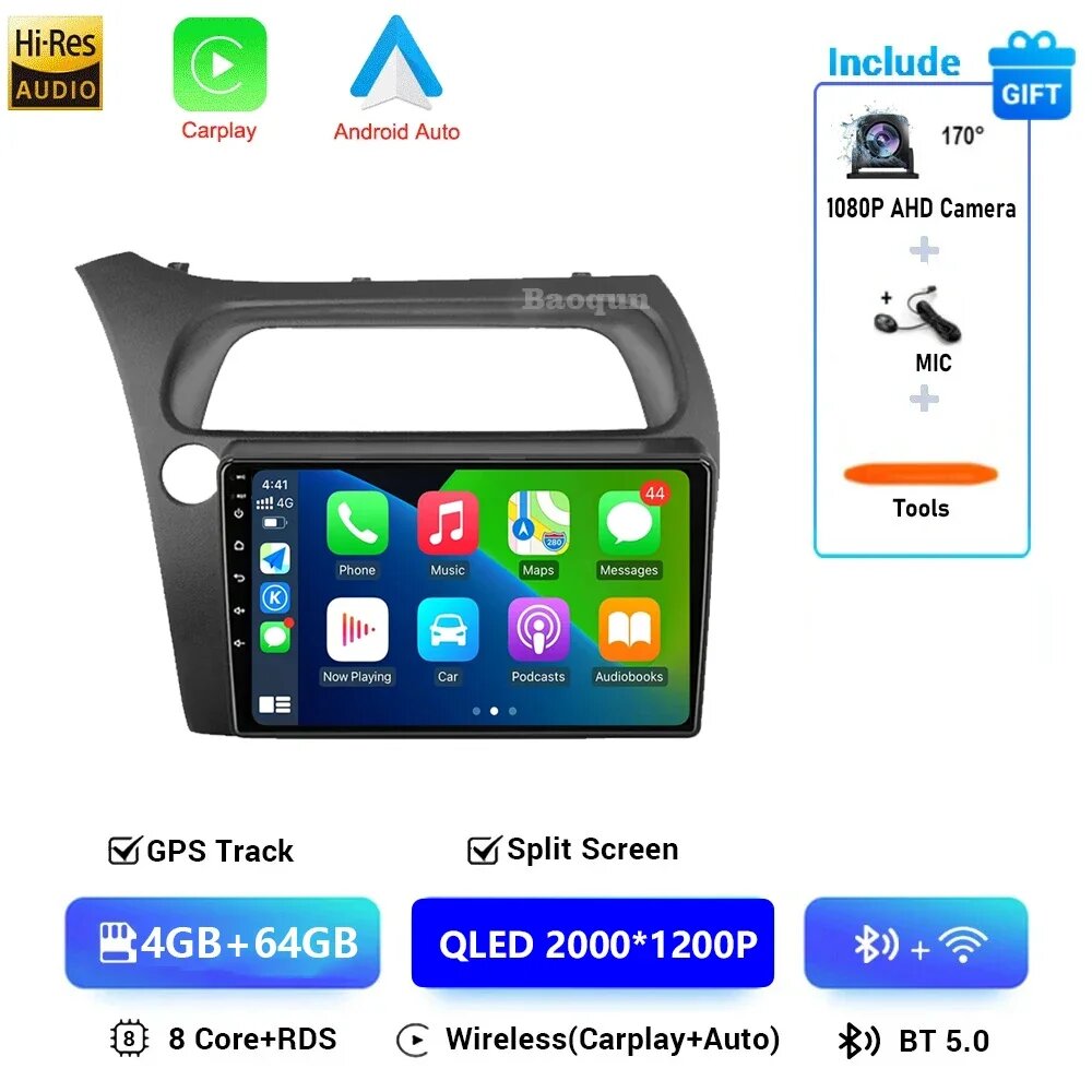 Android для Honda Civic Hatchback 2006-2011 Автомобильный радиоприемник Carplay Android Автоплеер Мультимедиа 4G WIFI GPS-навигация 2Din Стерео