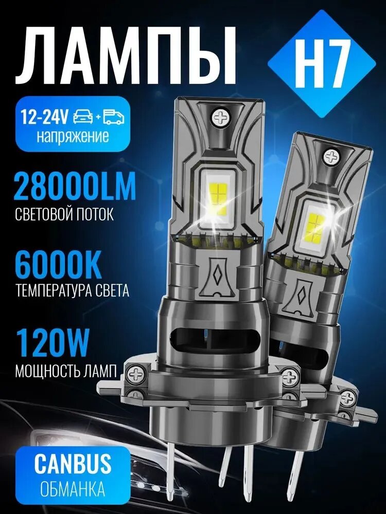 Светодиодные LED лампы H7 120W CANBUS, автомобильные лампы для ближнего и дальнего света, 6000K, с вентилятором, Plug&Play, комплект 2 шт