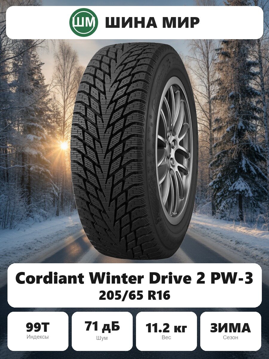 Шина Cordiant Winter Drive 2 PW-3 205/65 R16 99T Зимняя Нешипованная
