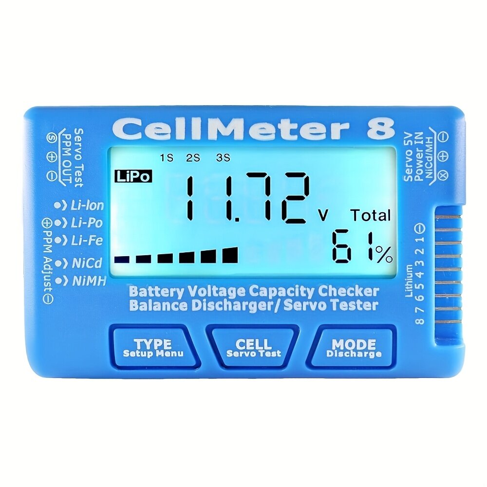 LCD цифровой тестер емкости аккумулятора Cellmeter 8 для 2-8S и 4-8S LiPo, Li-Ion, NiMH