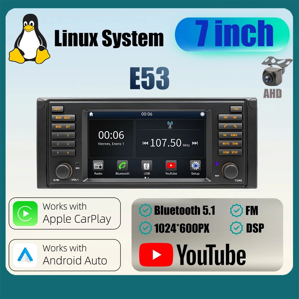 Автомагнитола 7" Linux E53 BMW E39/E53, Carplay, Android Auto, AHD