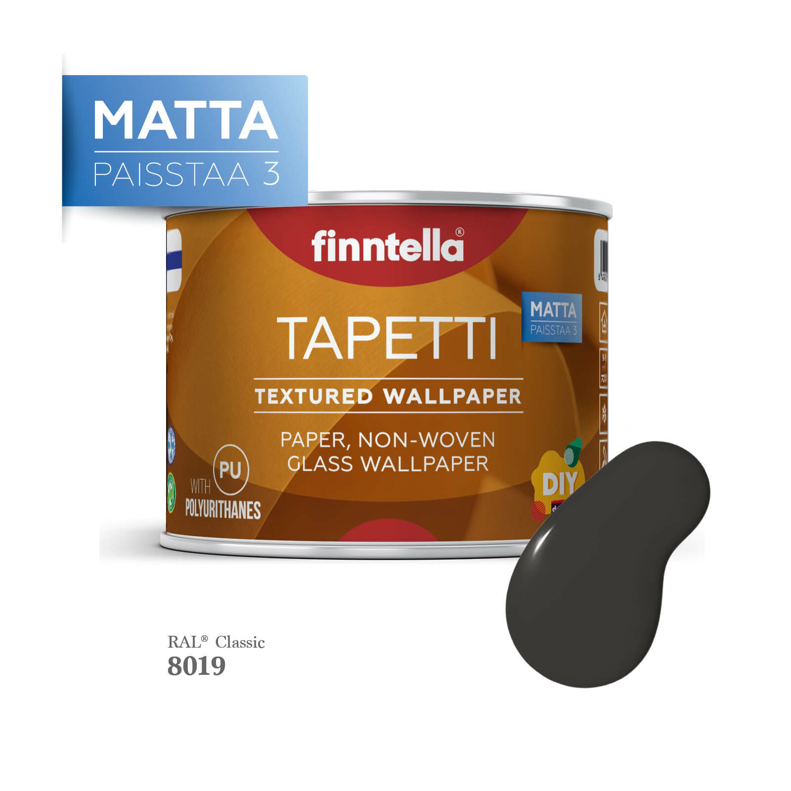 Матовая краска для обоев под окраску TAPETTI Matta FINNTELLA, Цвет RAL 8019 Серо-коричневый (Grey brown), 0,45л