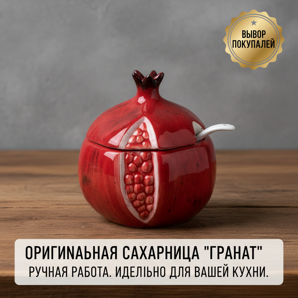 Сахарница керамическая в виде граната с ложкой, красная, диаметр 9 см, 1 шт