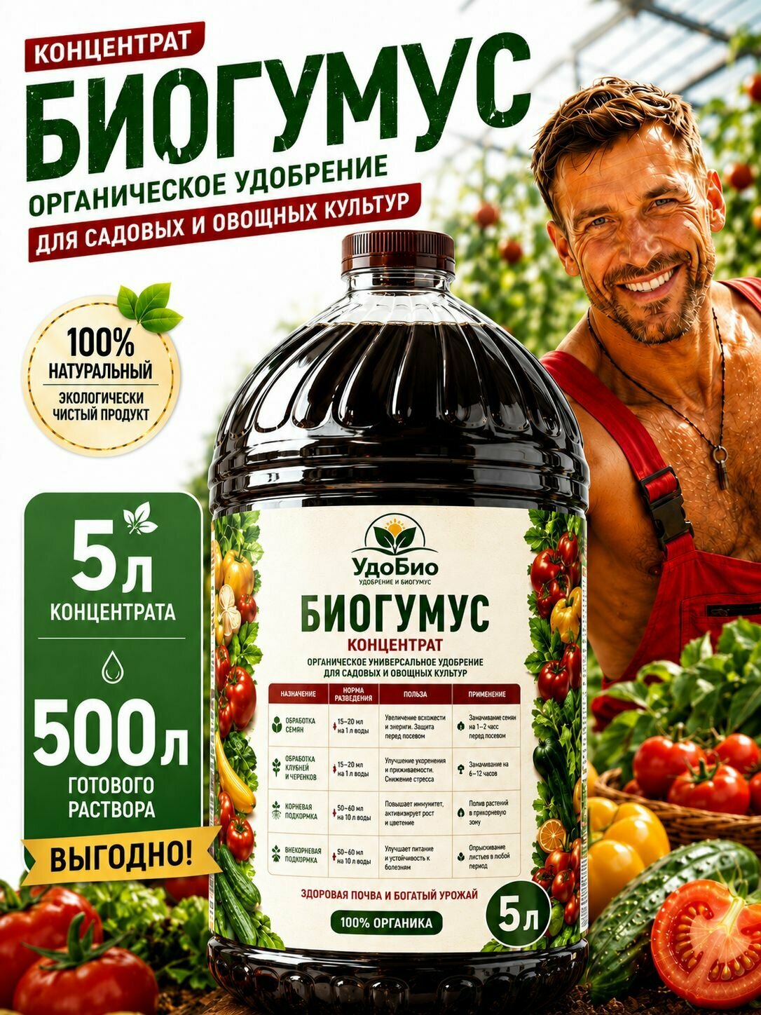 Удобрение жидкий биогумус, концентрат универсальный. Буйное цветение - обильное плодоношение, 5л. УдоБио/Нечипоренко Н. Е. Удобрение для семян, рассады, растений, цветов, кустарников и деревьев