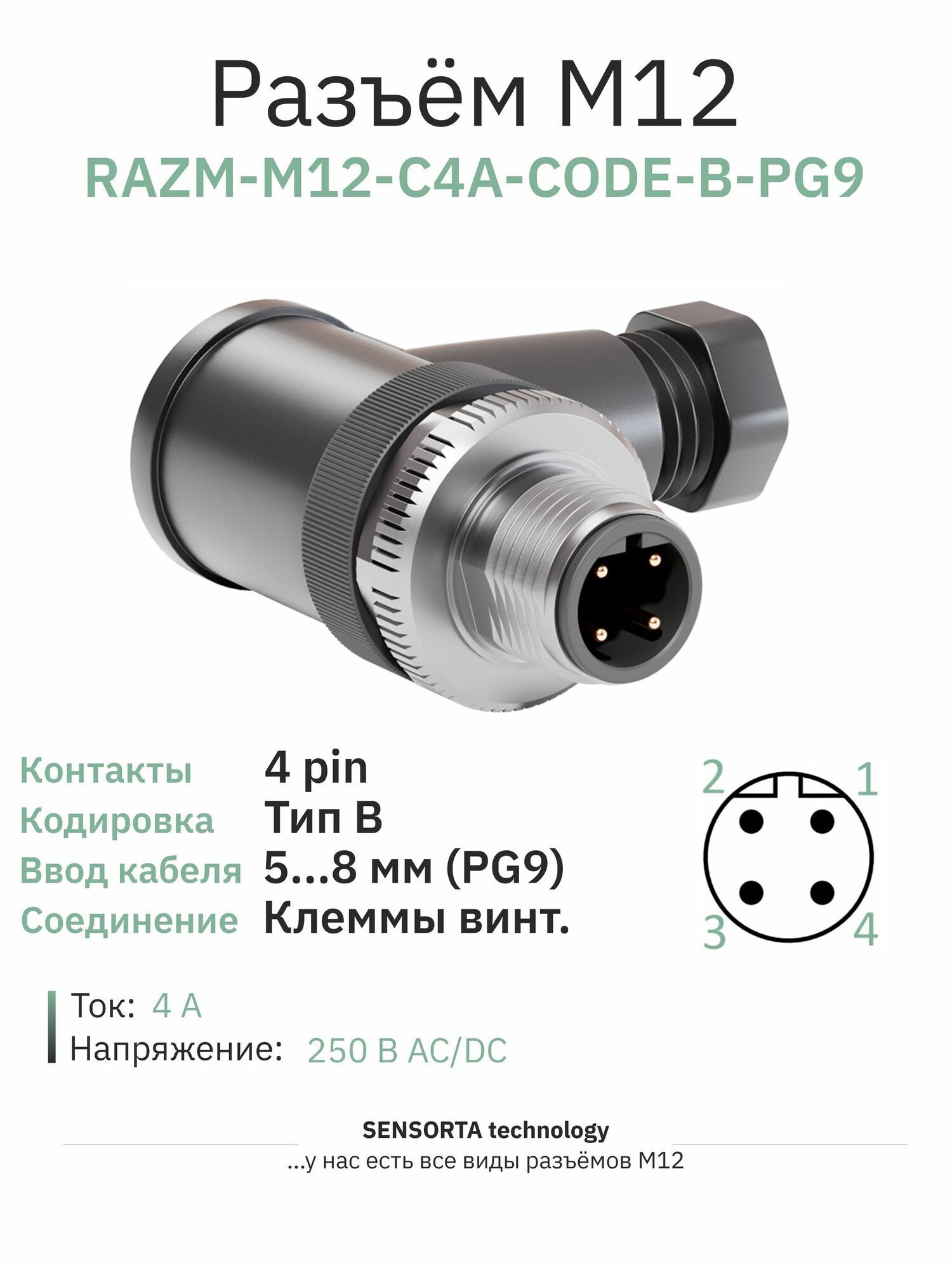 RAZM-M12-C4A-CODE-B-PG9 разъём М12 B-coding 4 pin угловой / вилка (папа) / PG9 (5-8 мм диаметр под кабель)