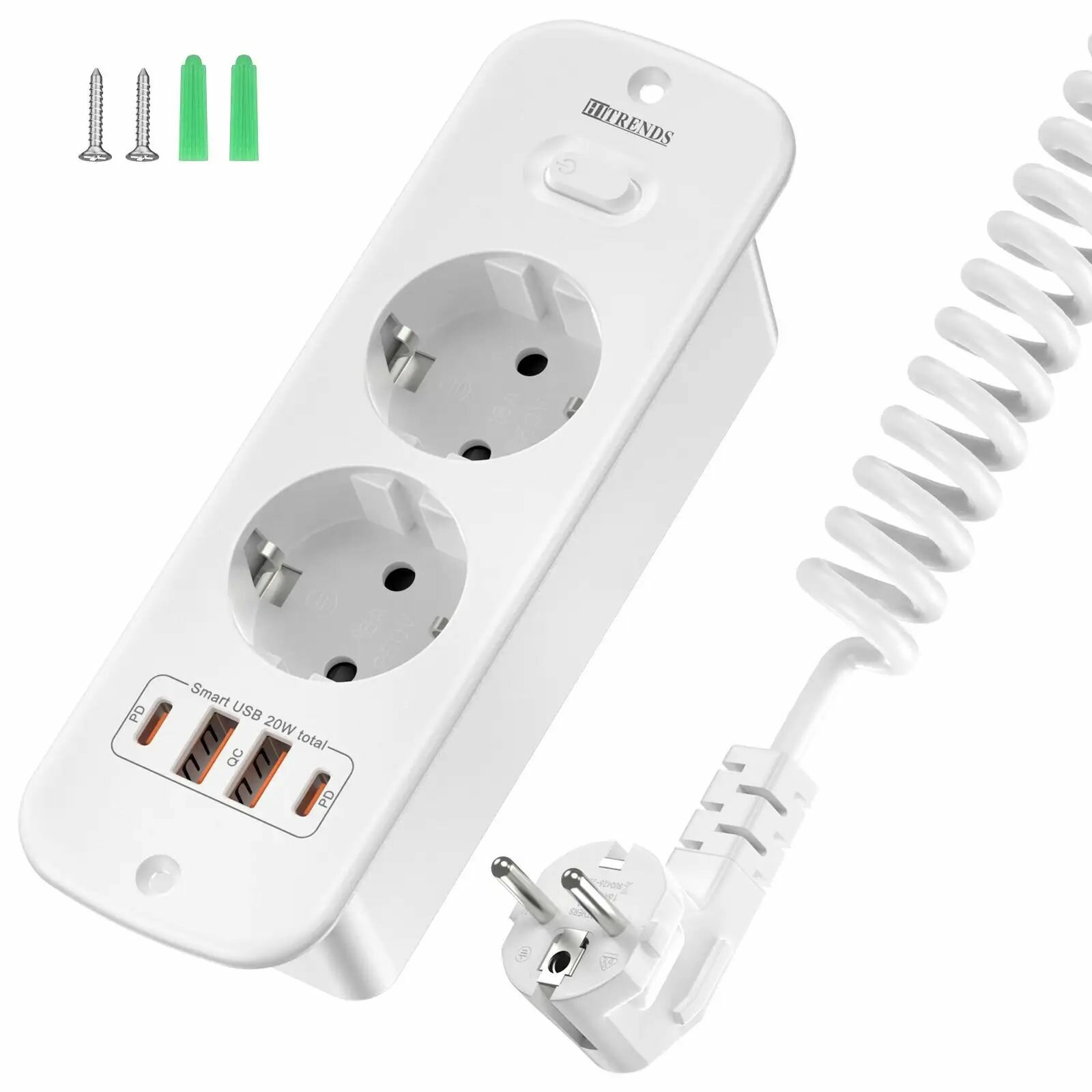HITRENDS Удлинитель с 2 евророзетками, 2 USB и 2 Type-C (белый), 250V 16A, 4000W, пружинный кабель 2м, быстрая зарядка, защита от перегрузки, огнестойкий