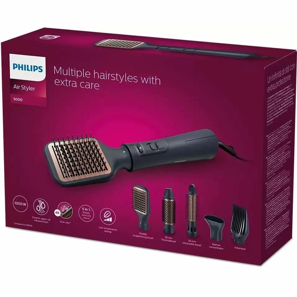Philips Фен-щетка для волос BHA530/00 1000 Вт, скоростей 2, кол-во насадок 5, черный, темно-серый