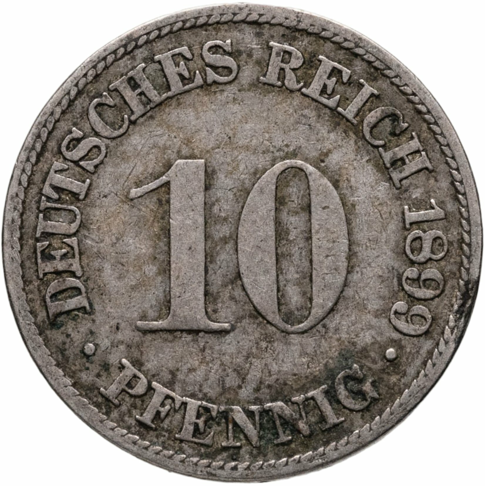 Германская Империя 10 пфеннигов 1899 F, Никель, в сохранности VF
