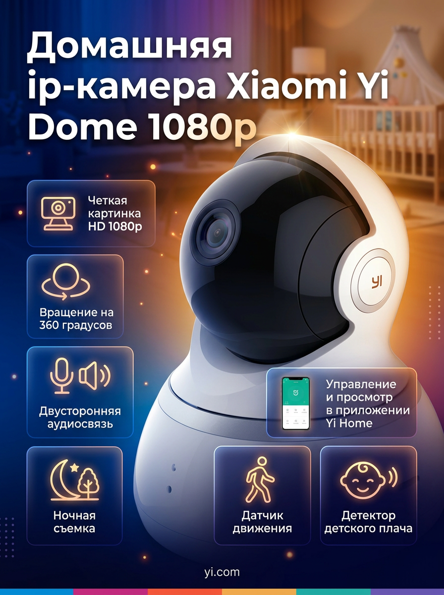 Камера наблюдения Xiaomi YI Dome Camera 1080p для дома, Датчик движения/звука, Аудиосвязь, Ночной режим, Гарантия 6 мес