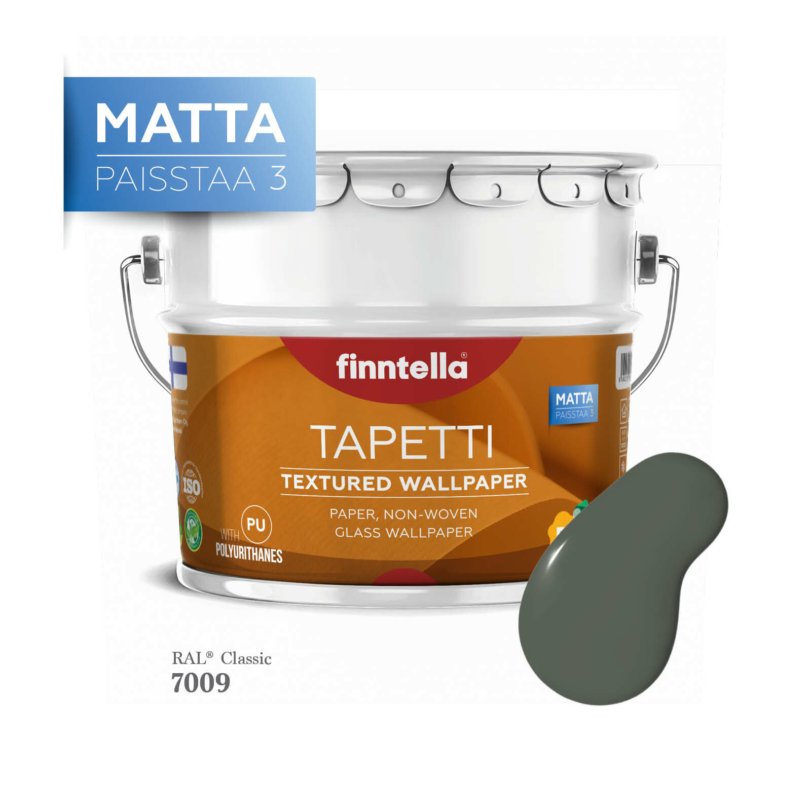 Матовая краска для обоев под окраску TAPETTI Matta FINNTELLA, Цвет RAL 7009 3елено-серый (Green grey), 9л