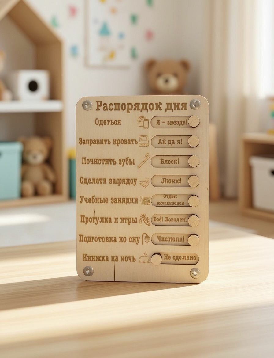Планер, Ежедневник Распорядок дня, деревянный, А4, 9 заданий с бегунками, на стену и на стол