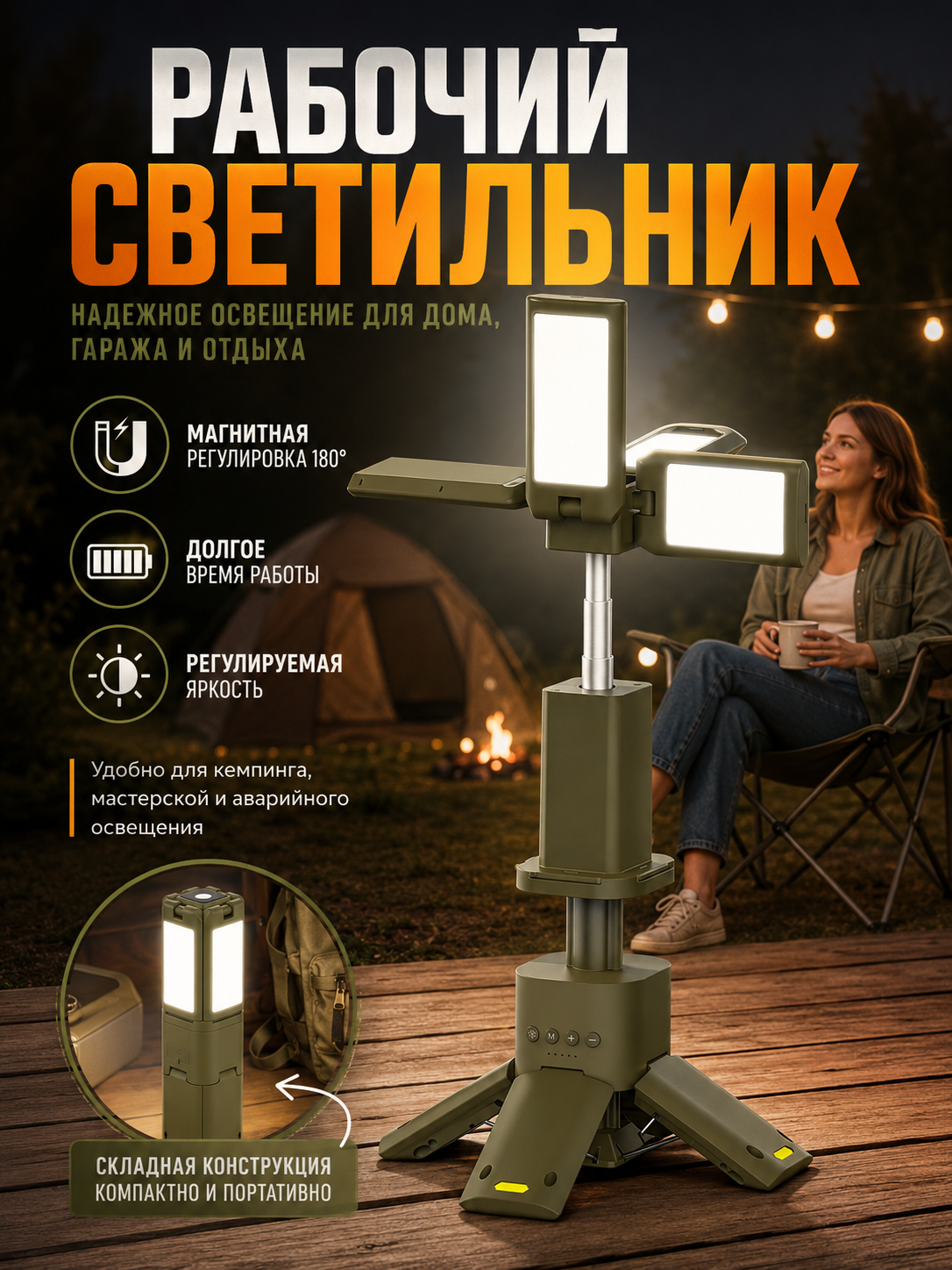 Светодиодный рабочий светильник на треноге с тремя панелями, аккумуляторный прожектор для ремонта авто, мастерской и работ на открытом воздухе