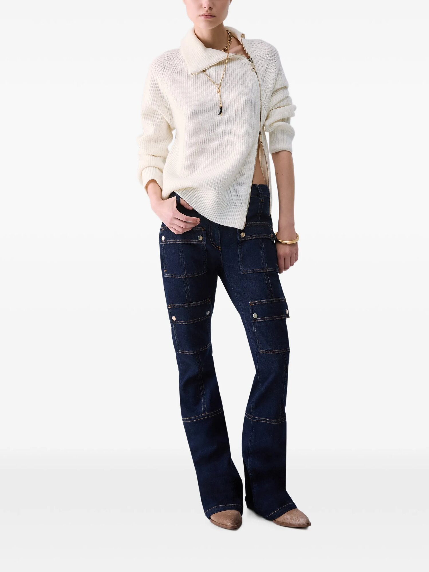 Свитер LIU JO Wool blend sweater with zip, размер 36, , бежевый/белый — фото 1