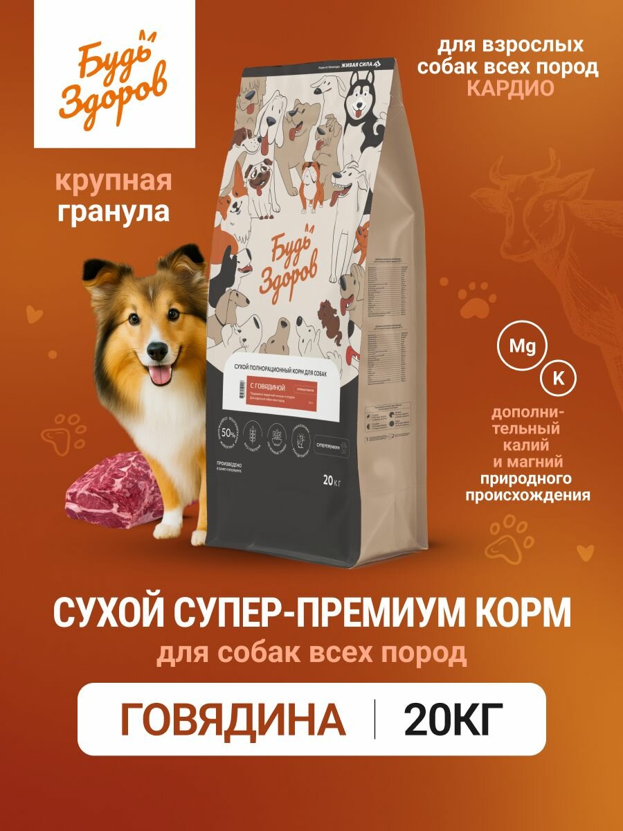 Сухой корм для собак с говядиной крупная гранула 20кг