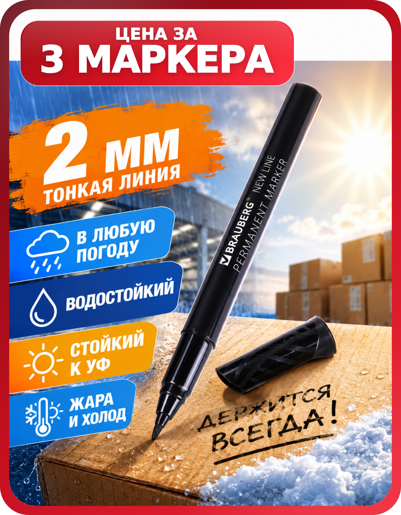 Маркер тонкий черный спиртовой BRAUBERG, 3 шт