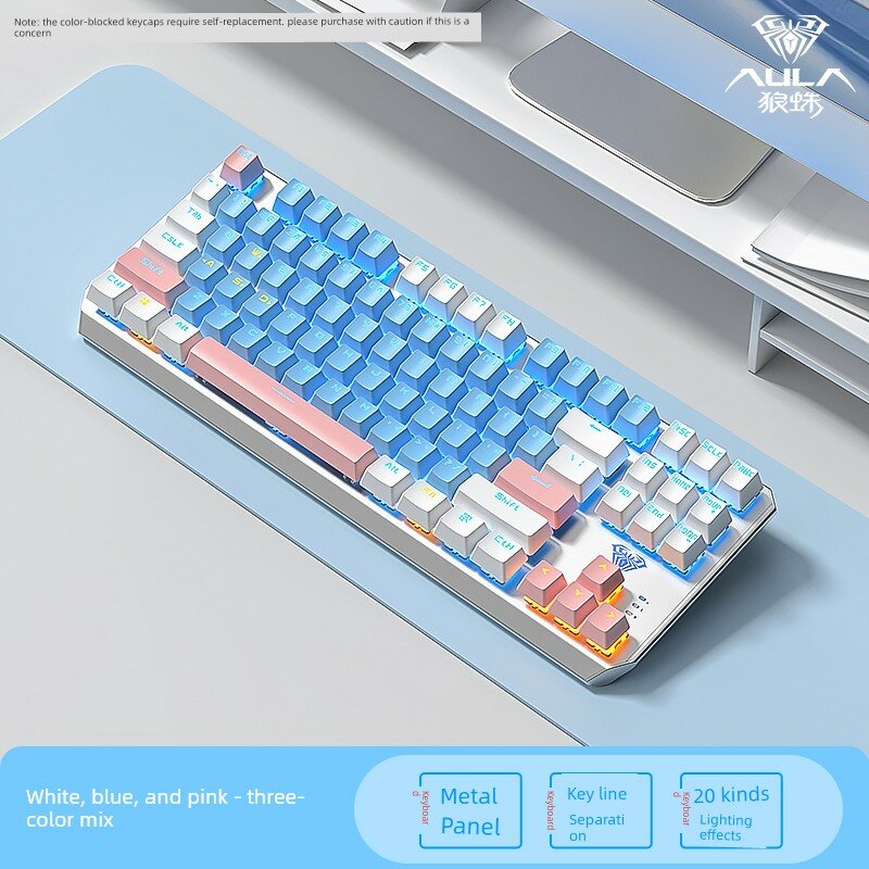 Wolf Игровая Механическая Клавиатура F87 Клавиш Светодиодная Подсветка Синий Переключатель Белый-Светло-Голубой-Розовый