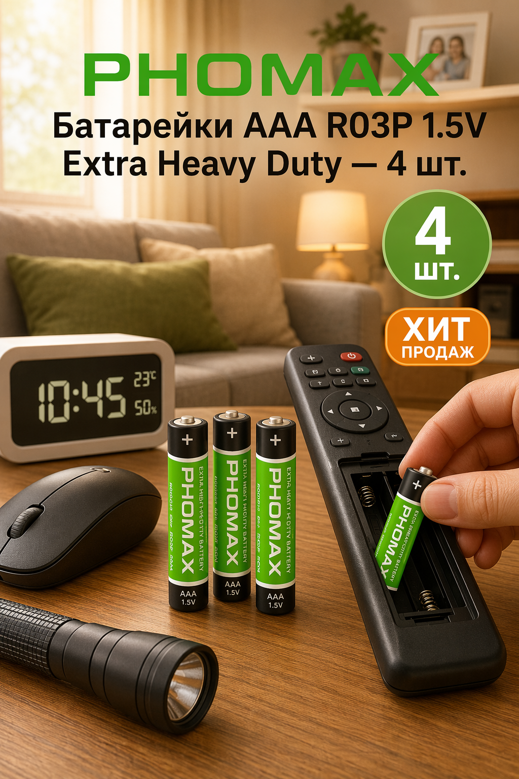 Углеродные батарейки PHOMAX AAA R03P 1,5V Extra Heavy Duty для пультов, часов и игрушек