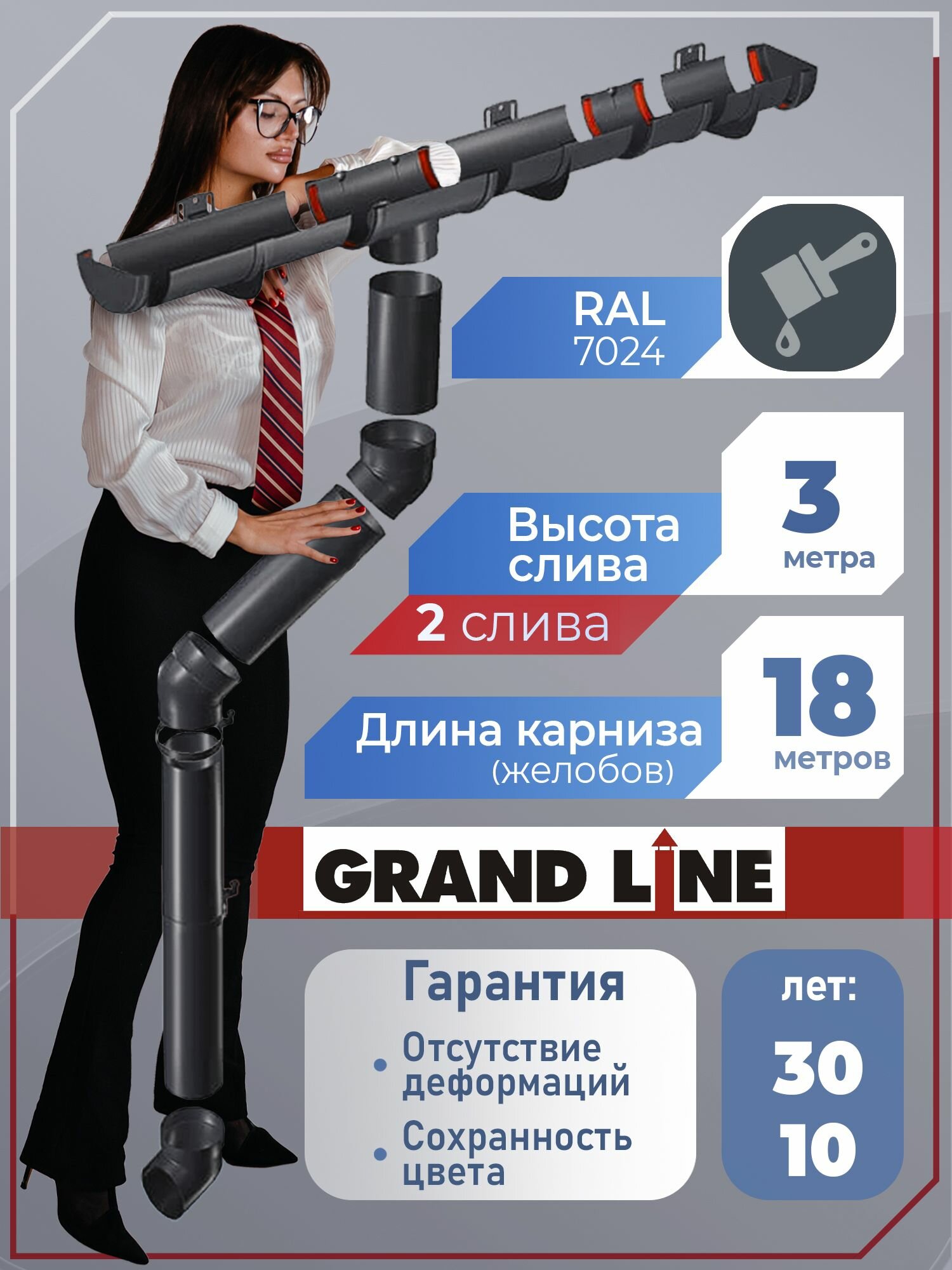 Grand Line Водосточная система (длина 18 м /высота 3 м) серый 2 слива RAL 7024 графит , водосток для крыши пластиковый Гранд Лайн ( 120 мм/ 90 мм ) комплект элементов ПВХ