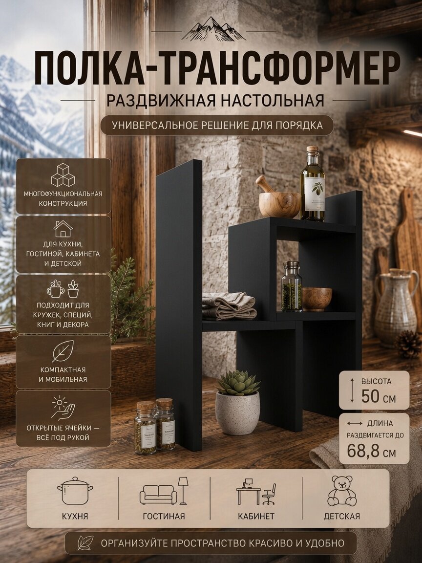 Полка-трансформер настольная раздвижная для кухни и специй, черная