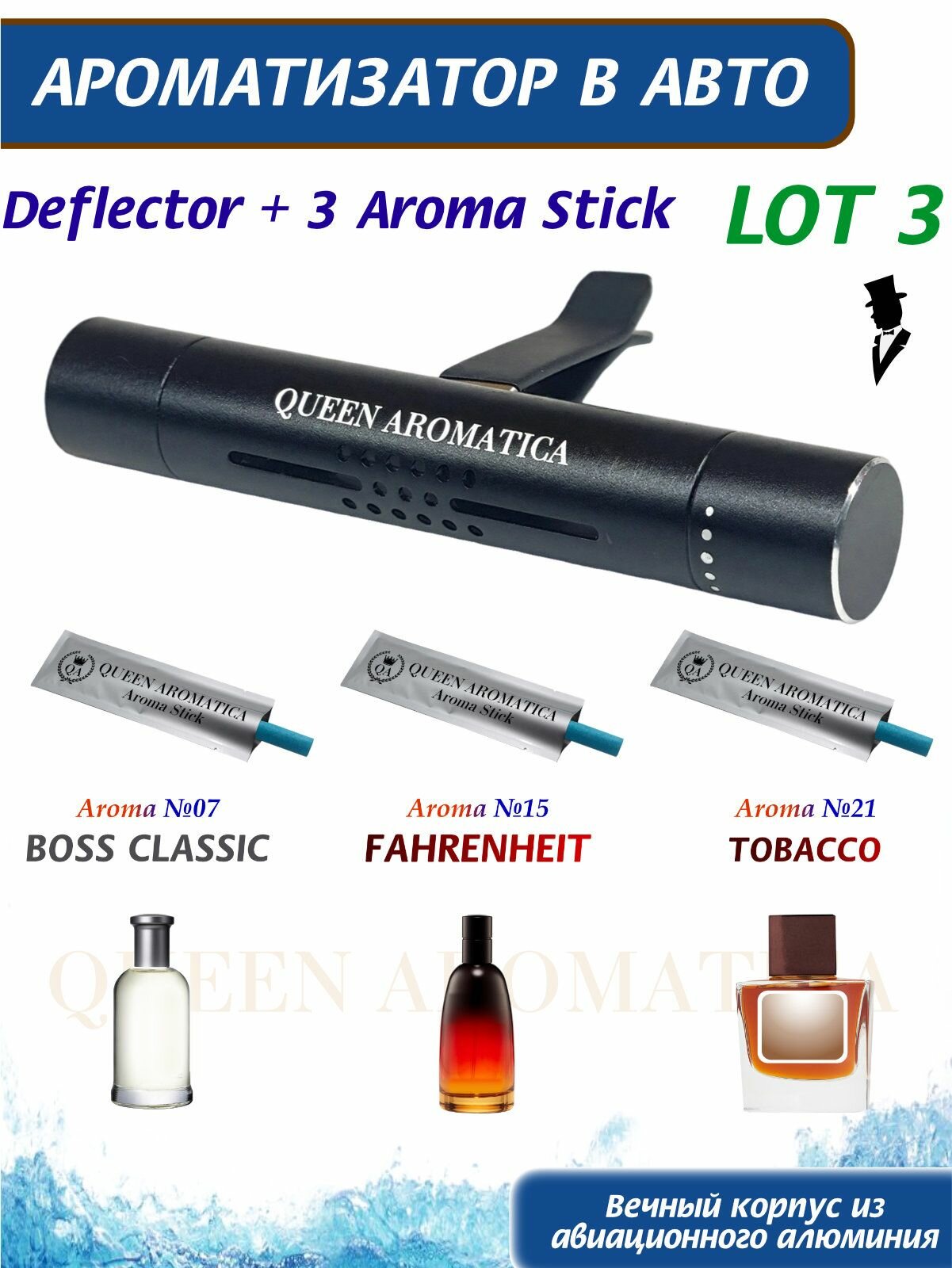 Queen Aromatica Ароматизатор для автомобиля на дефлектор. Deflector + 3 стика (Набор Man 3)