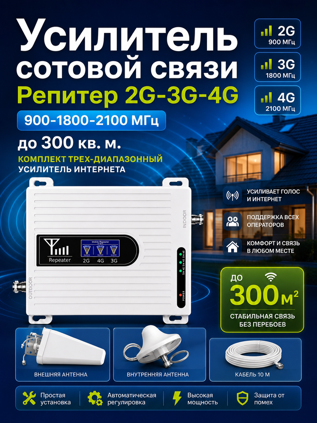 Усилитель сотовой связи Репитер 2G-3G-4G 900-1800-2100МГц до 300 кв. м. (комплект трех-диапазонный усилитель интернета )