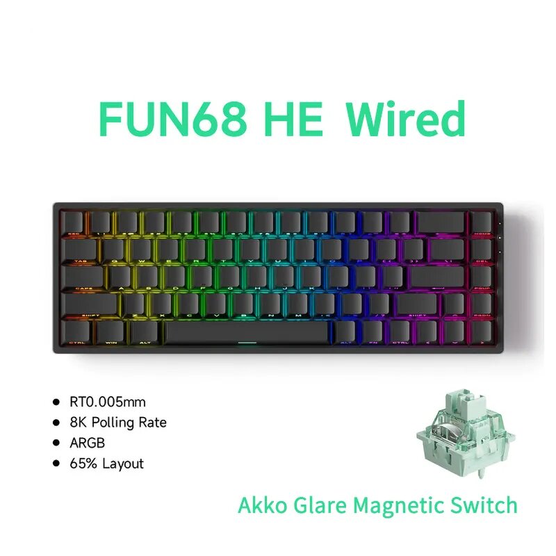 Игровая клавиатура проводная AKKO FUN68 Akko Glare Magnetic Switch, Английская раскладка, черный