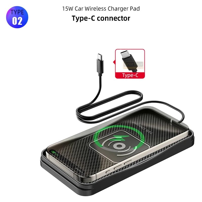 Беспроводное автозарядное устройство 15W, Type-C, черный