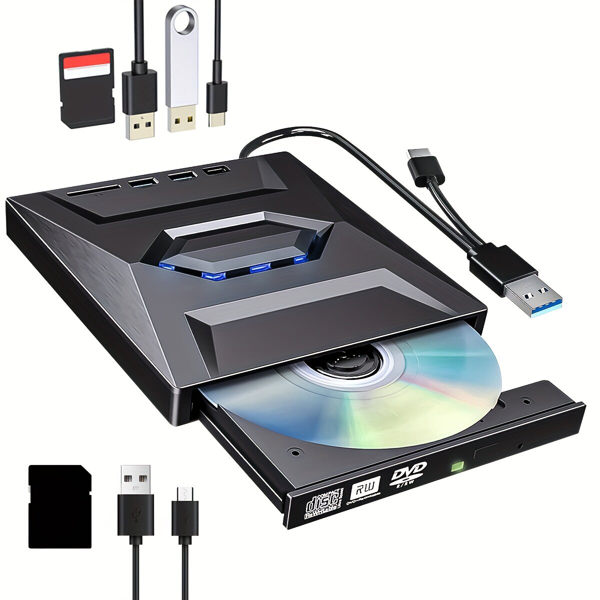 Внешний привод для записи CD/DVD/Blu-Ray USB 3.0 и Type-C, тонкий портативный плеер с поддержкой Plug & Play и слотом для SD-карты, черный