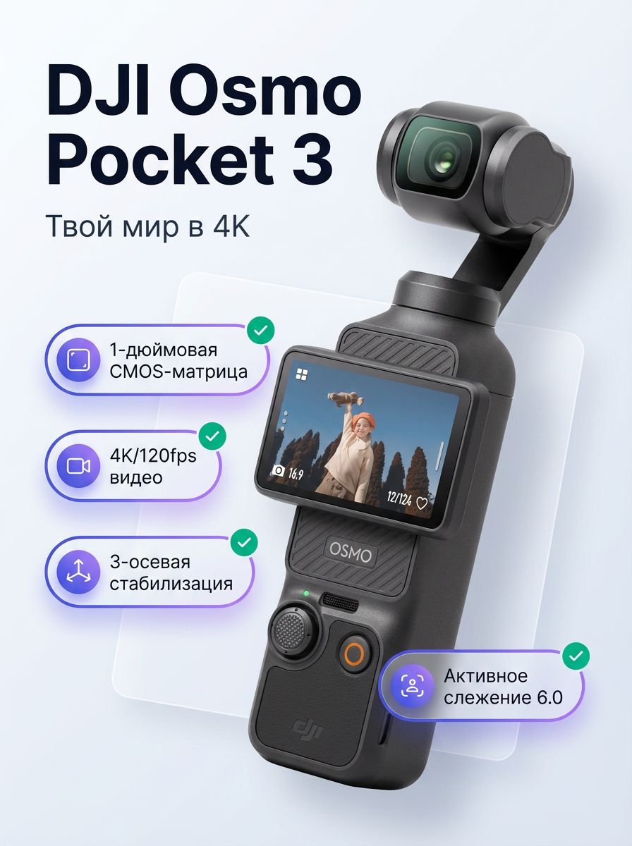 Видеокамера DJI Osmo Pocket 3, CMOS 1 дюйм, 4K 120 fps, 3-осевая стабилизация, поворотный OLED-экран