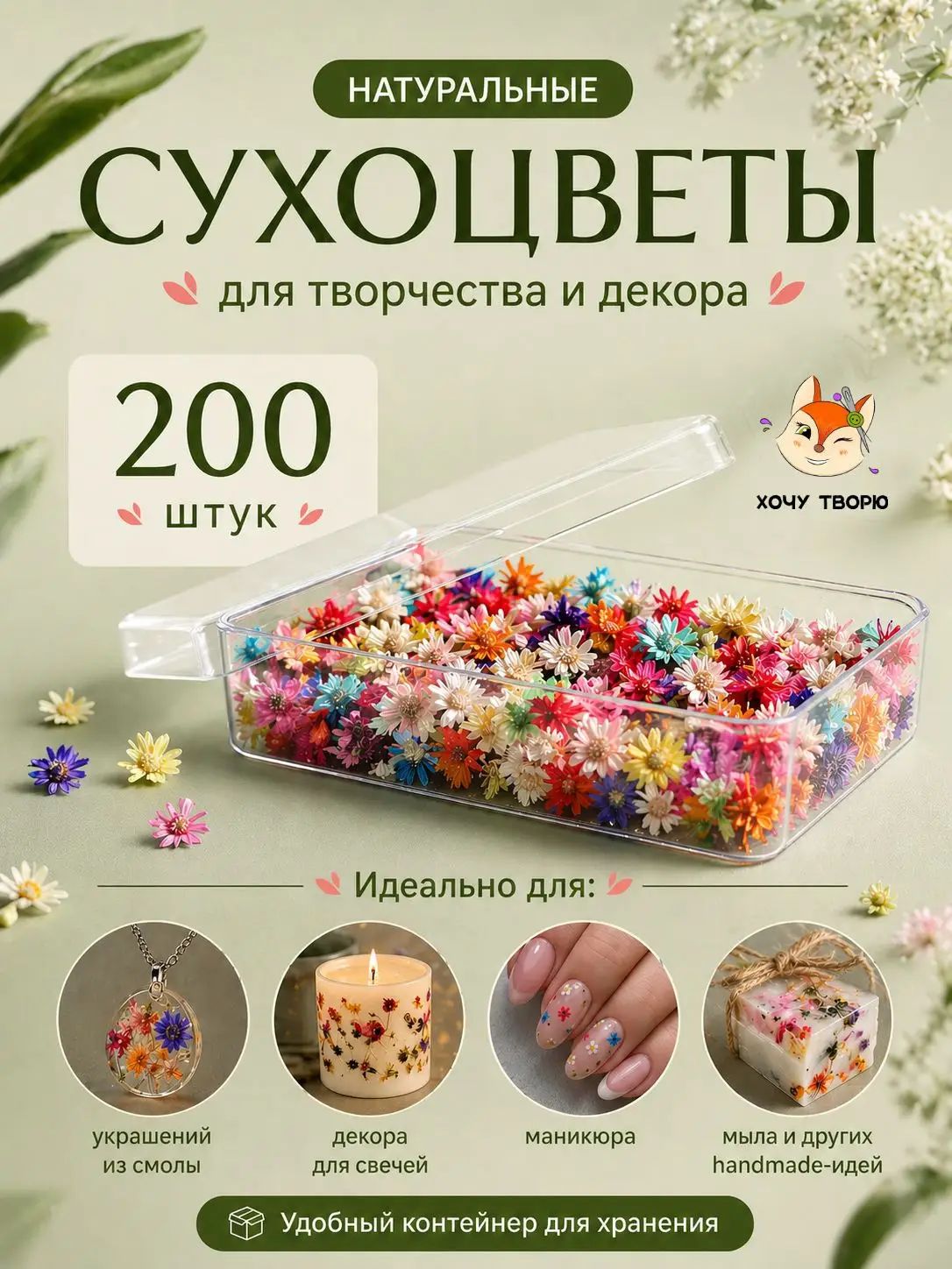 Сухоцветы 15 см 200 шт разноцветный