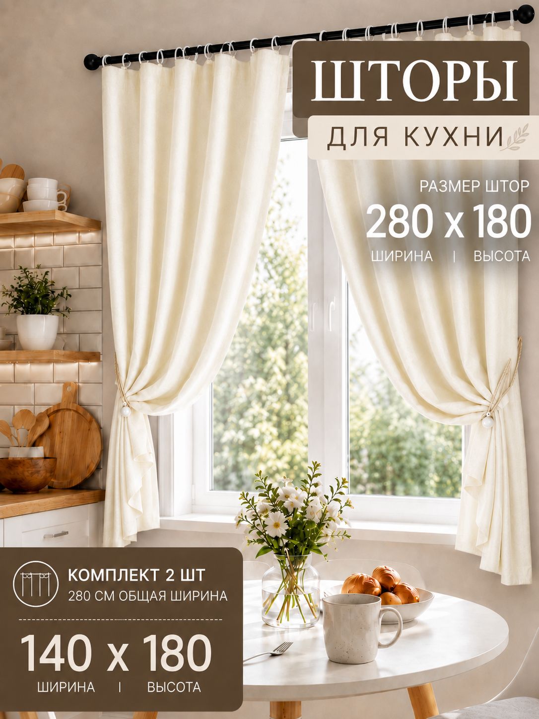 Комплект штор 280x180 см молочно-белые, интерьерные занавески для комнаты и спальни