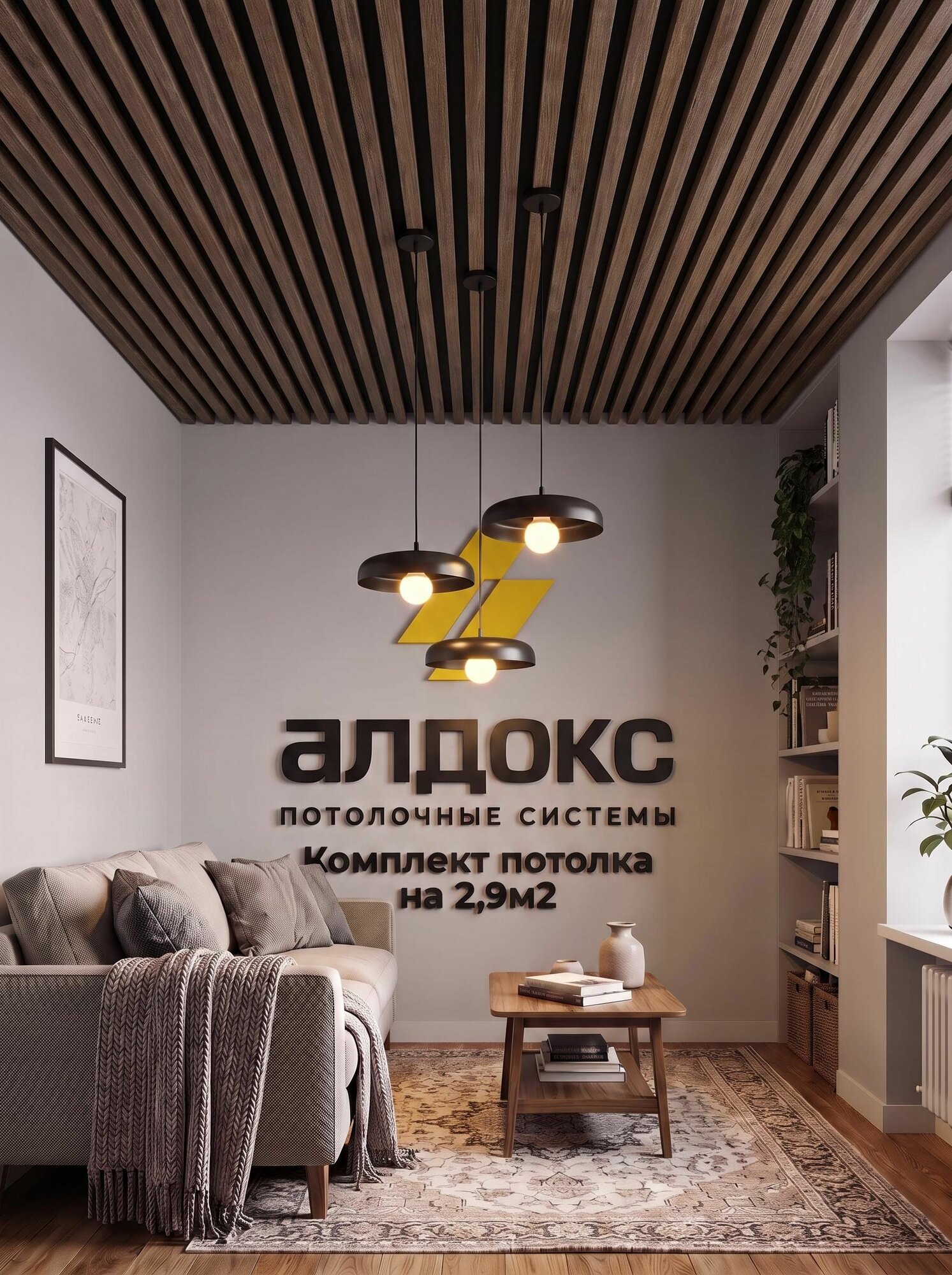 Реечный подвесной потолок кубота 1,7х1,7 м, Дуб русский коричневый, алдокс