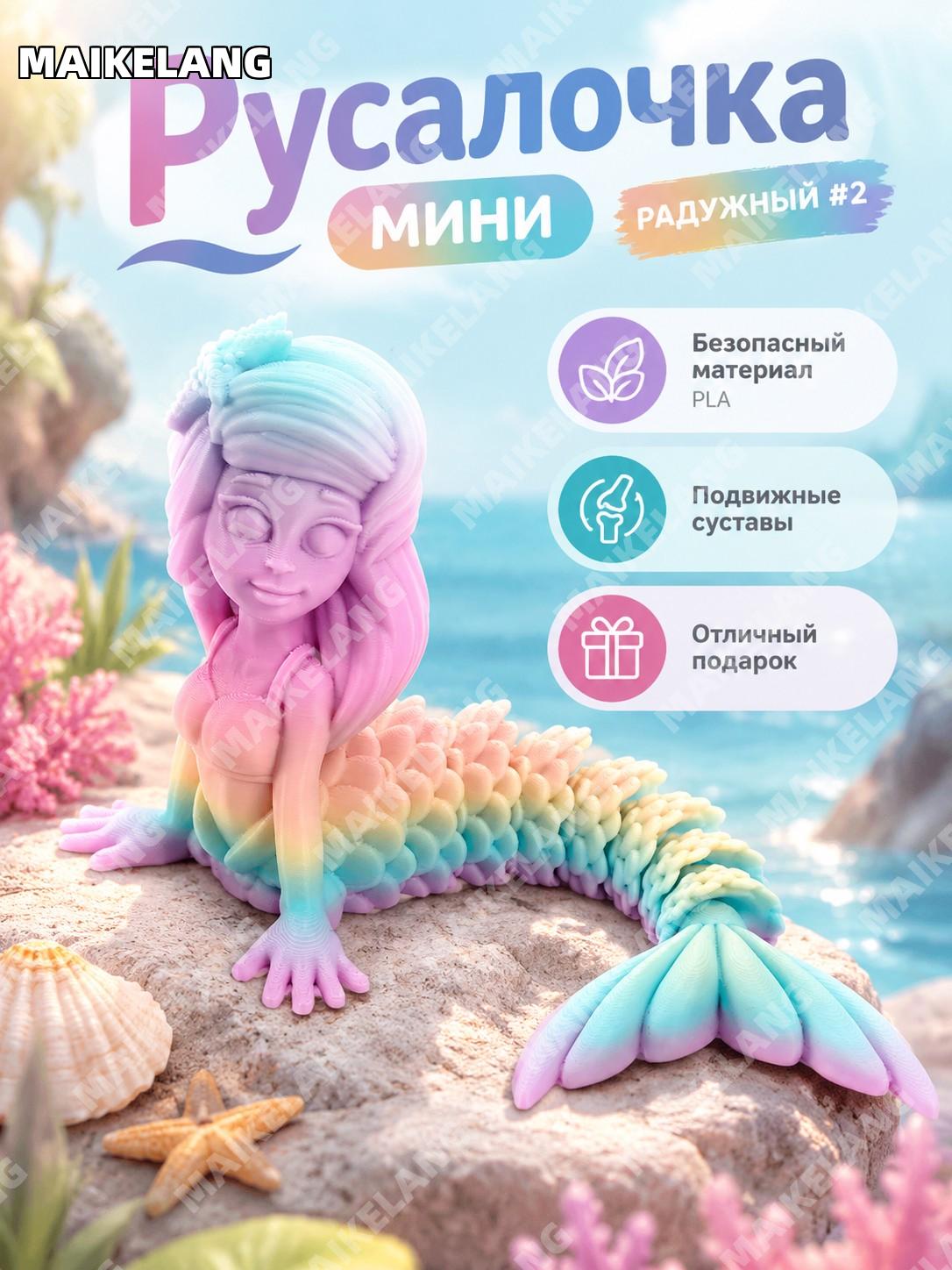 3D фигурка русалки MAX (Радужная 2), подвижная шарнирная настольная игрушка декор из PLA для дома и подарка морская