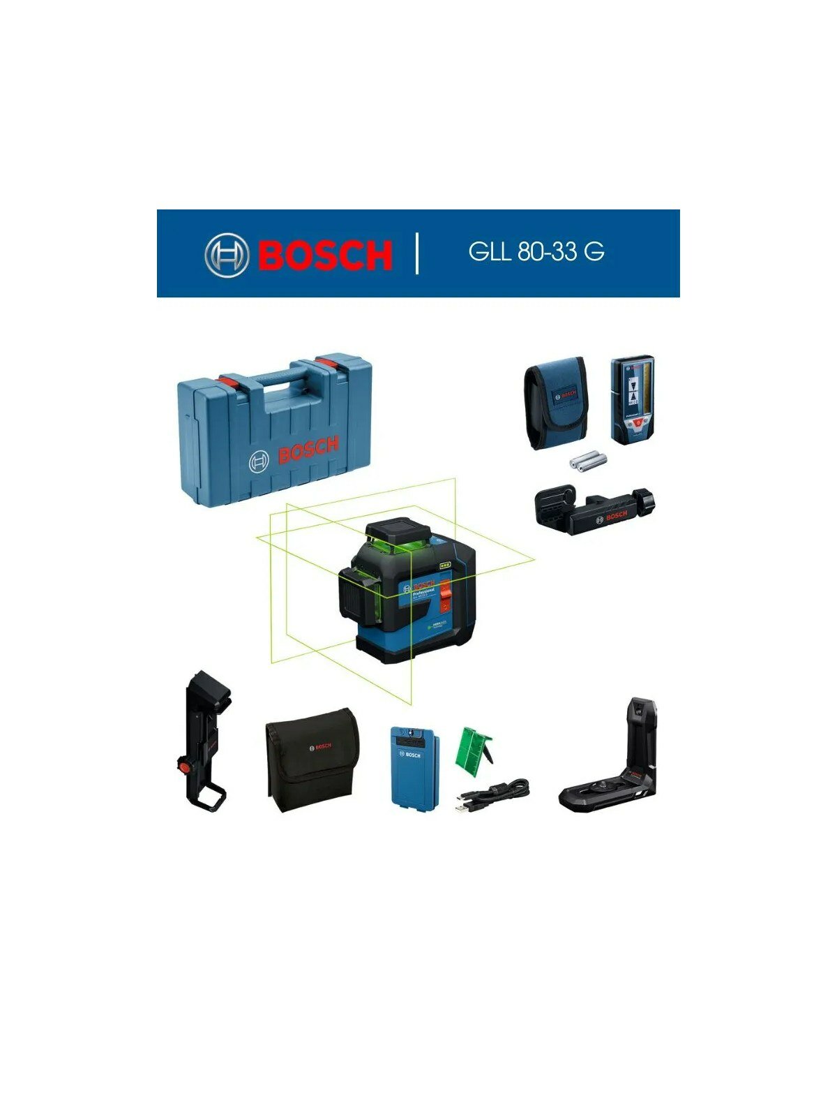 Линейный лазерный уровень Bosch GLL 80-33 G с батарейками AA (2 шт.) и универсальным держателем LB 10 в кейсе, арт. 0601065502