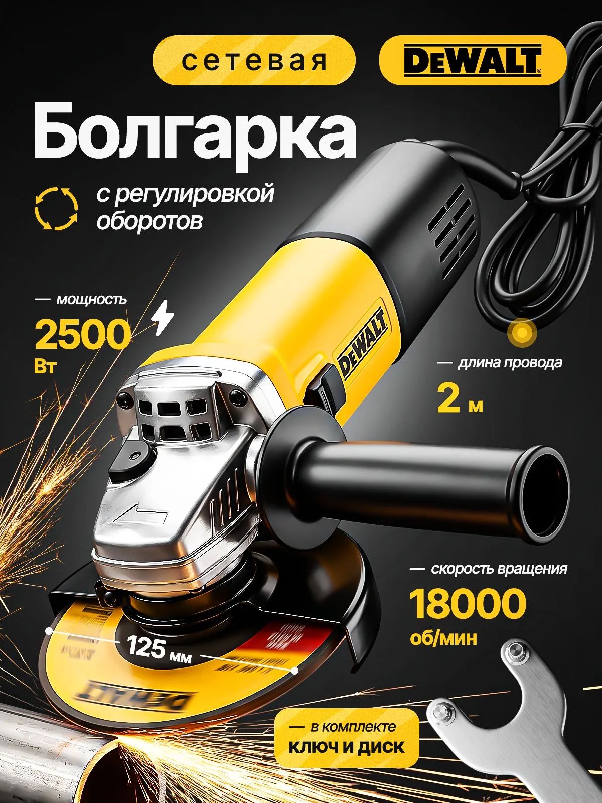 Болгарка 125 сетевая с регулировкой оборотов 2500 Вт, УШМ