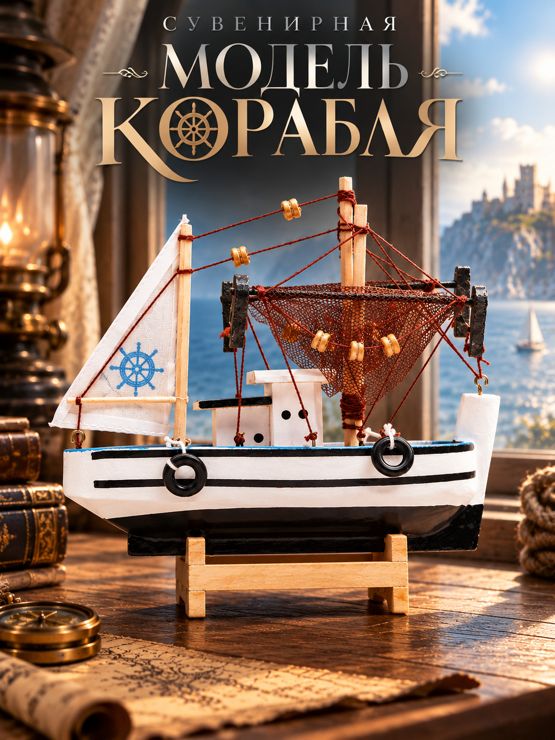 Сувенирная модель корабля "Рыбацкое судно" размер 16×16 см, материал дерево