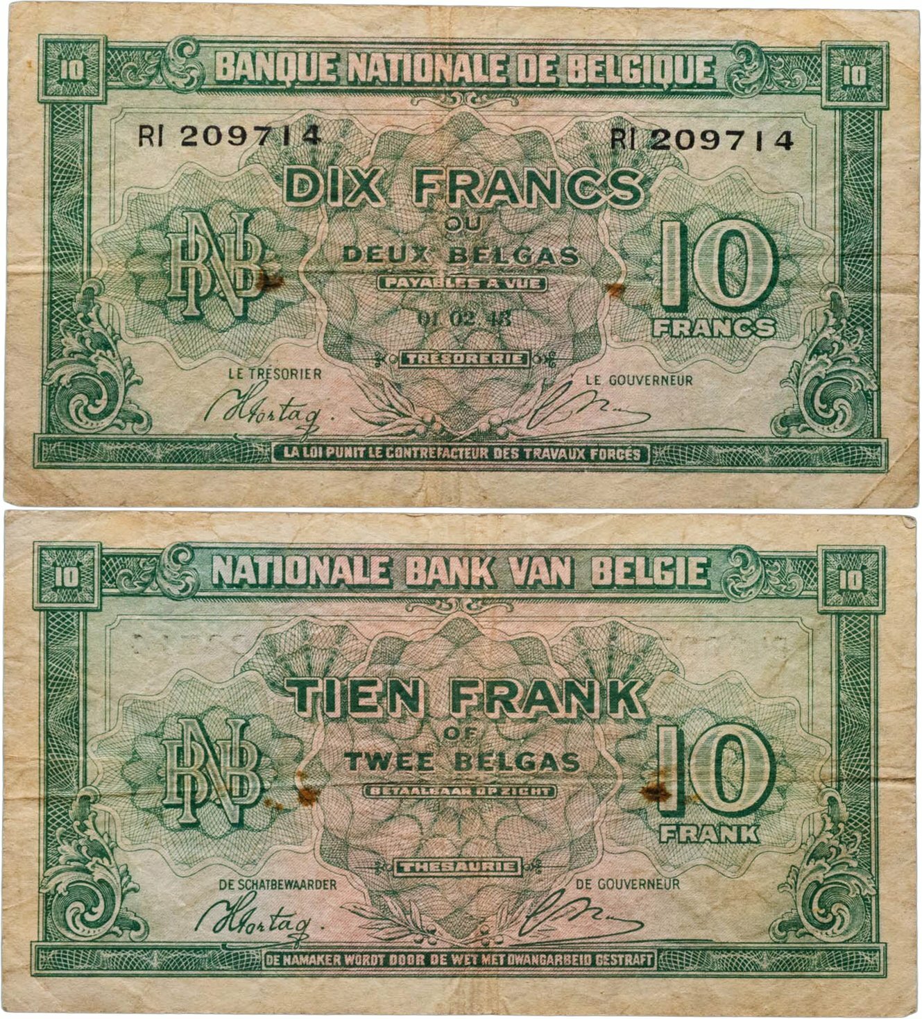 Бельгия 10 франков 1943