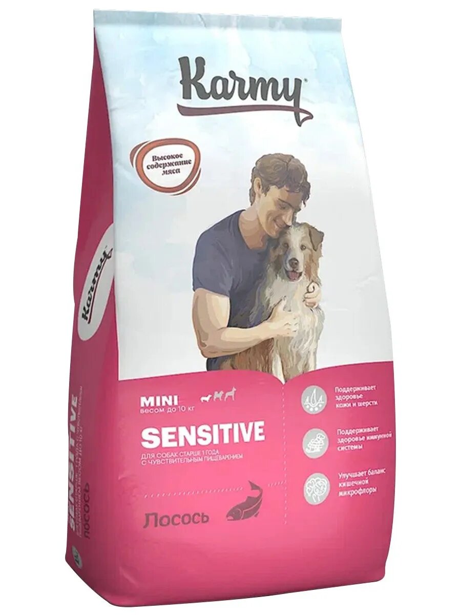 Корм сухой Karmy Sensitive Mini для взрослых собак мелких пород, с чувствительным пищеварением лосось, 10 кг