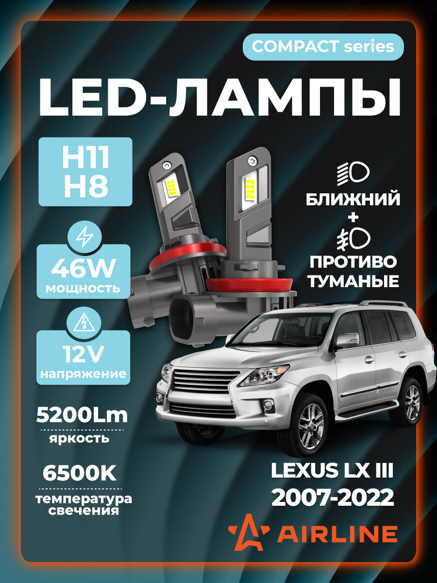 Лампы светодиодные H11/H8 COMPACT для Lexus LX III (2007-2022) ближний свет/противотуманные фары, 46W, 12В, 6500K, 5200Лм, комплект 2 шт. / Компактные лед лампы Н11/Н8, автосвет на Лексус LX