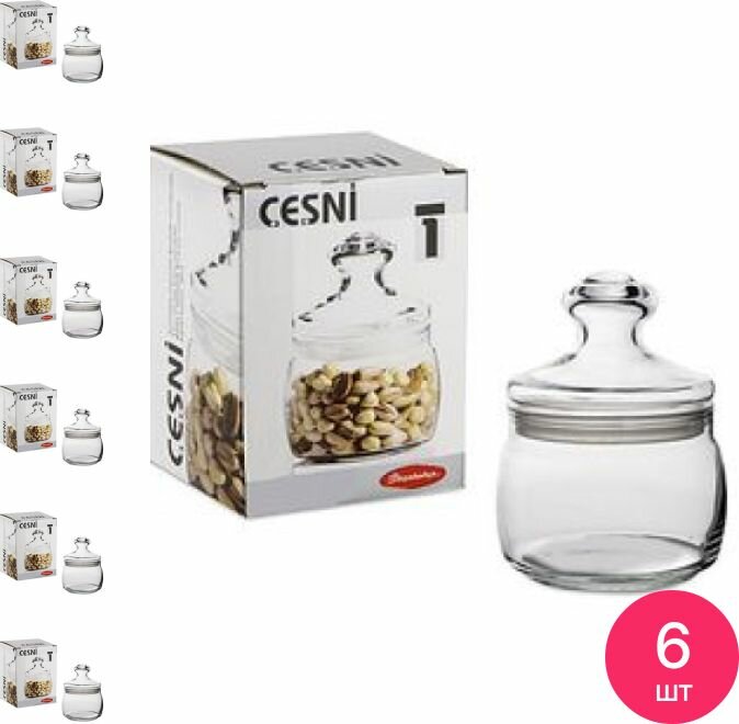 Банка для сыпучих продуктов Pasabahce / Пашабахче CESNI с крышкой, стекло, прозрачный, 0.42л / посуда для кухни (комплект из 6 шт)