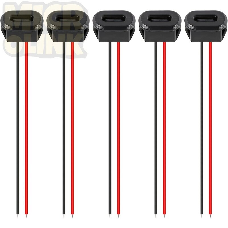 Набор разъемов Type-C (мама) 5 шт. с кабелем-удлинителем USB-C, силовым кабелем, проводами для пайки и 2-контактными вилками с открытыми проводами